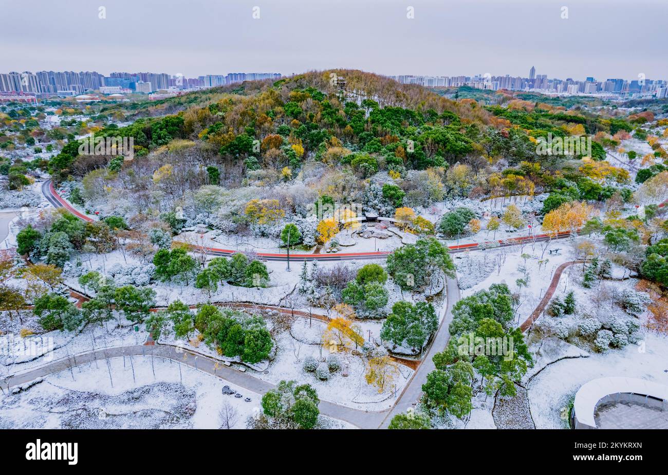 Aerial photo shows the beautiful scenery of Shenshan Park after Snow in ...