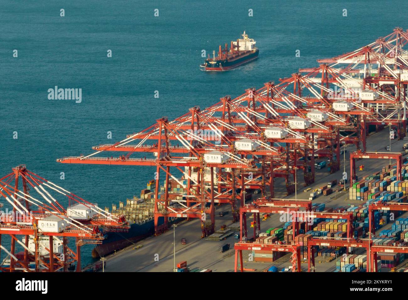 Aerial photo shows the busy working scene of Qianwan Container Terminal ...