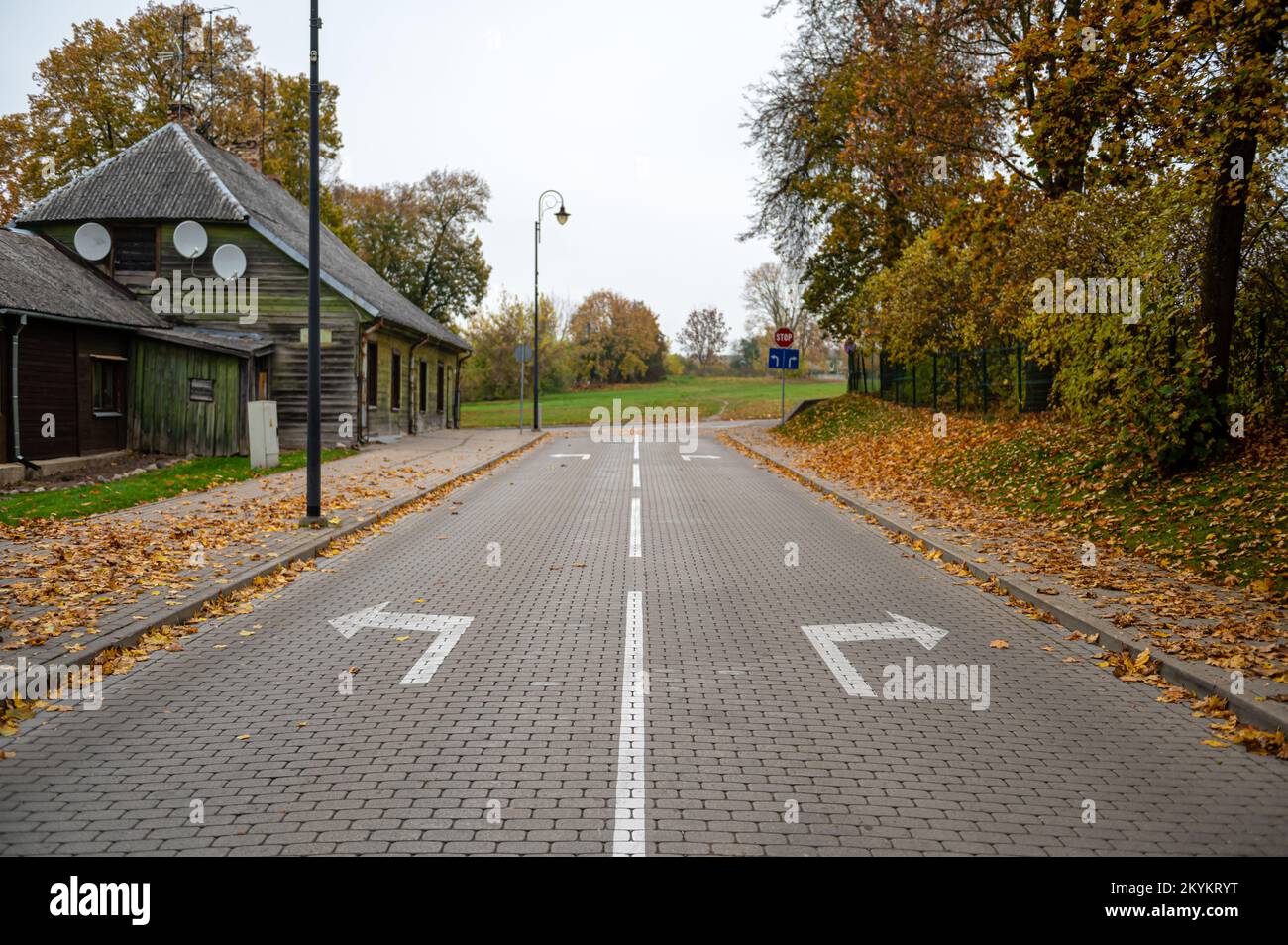 direction arrows on paved road at intersection, choice concept, go left ...
