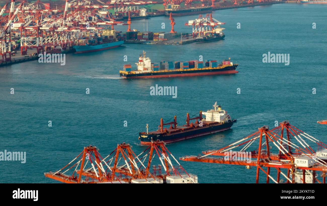 Aerial photo shows the busy working scene of Qianwan Container Terminal ...