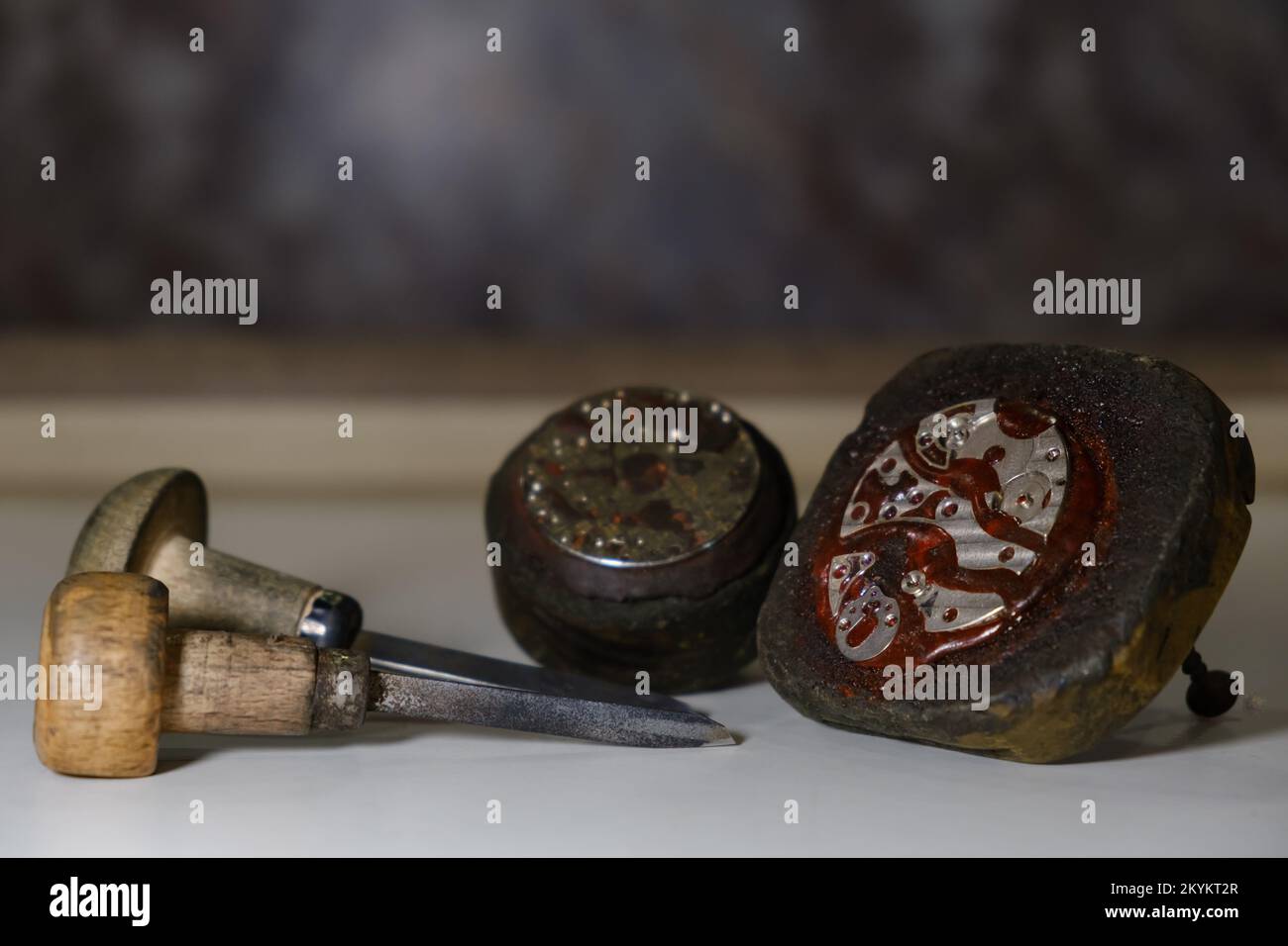 Close-up, blank for watch engraving, manual production of pocket ...