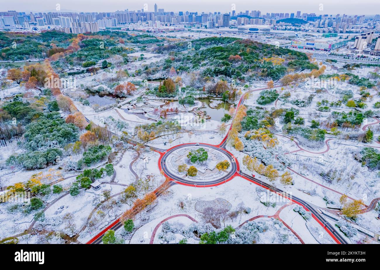 Aerial photo shows the beautiful scenery of Shenshan Park after Snow in ...