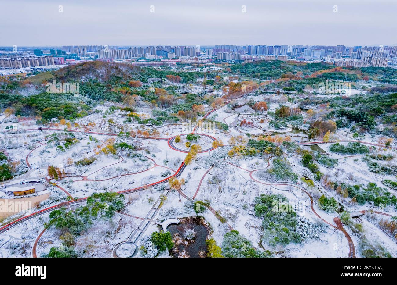 Aerial photo shows the beautiful scenery of Shenshan Park after Snow in ...