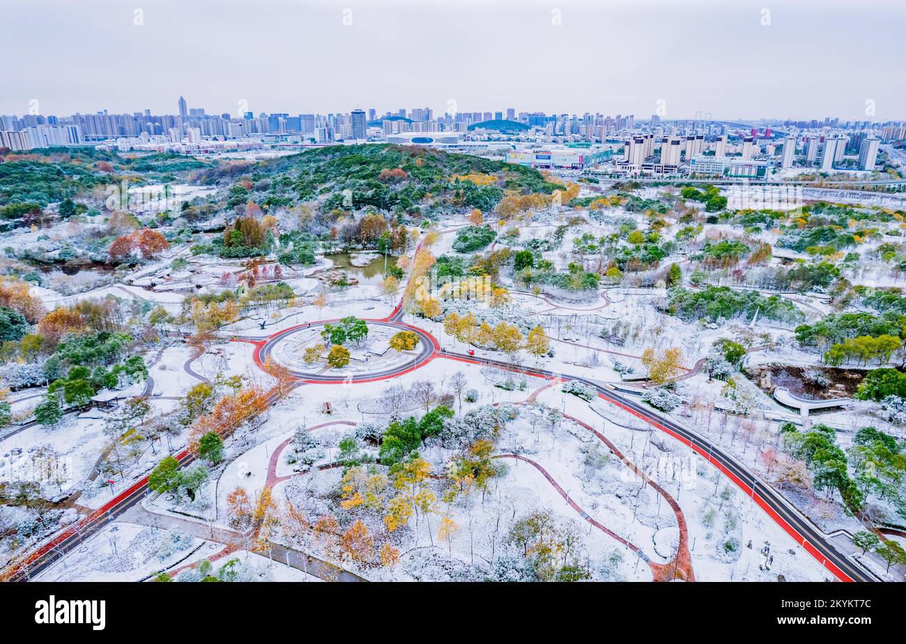Aerial photo shows the beautiful scenery of Shenshan Park after Snow in ...
