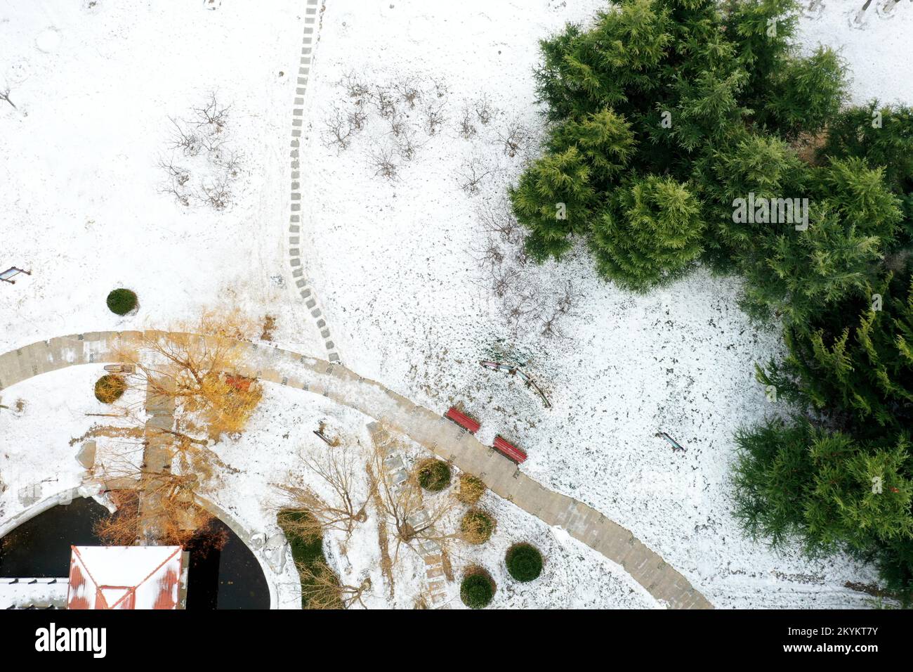Aerial photo shows the snow scenery of Huanghailvzhou Park in Penglai ...