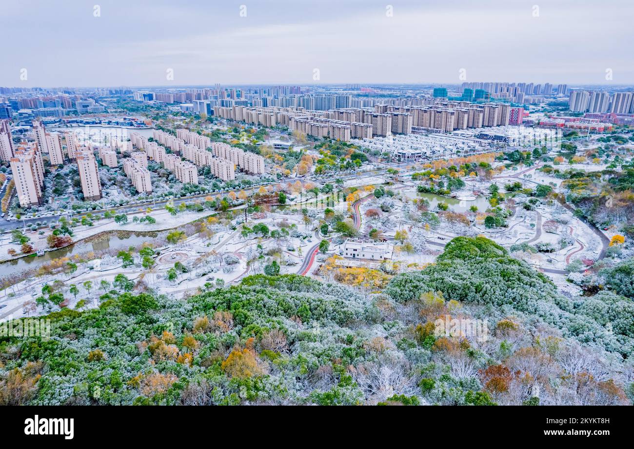 Aerial photo shows the beautiful scenery of Shenshan Park after Snow in ...