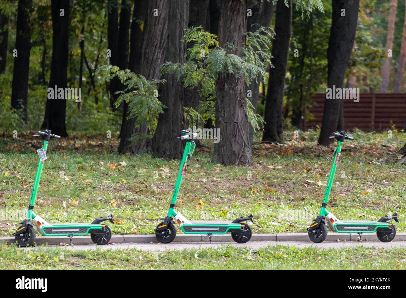 Green Electric Scooters parked in city street in greenery. Public e ...