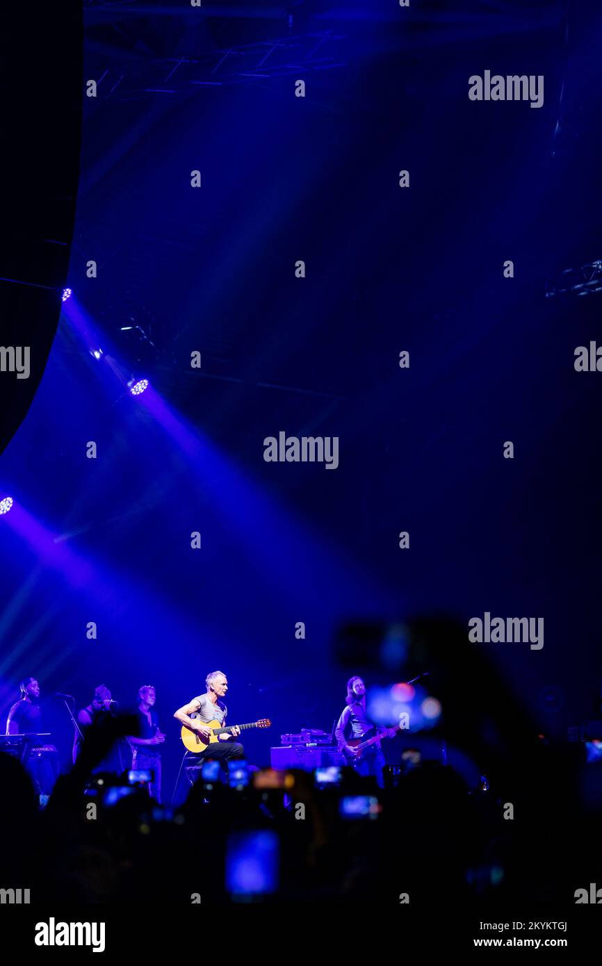 Sting, real name Gordon Sumner, live performance on stage. Bass player ...