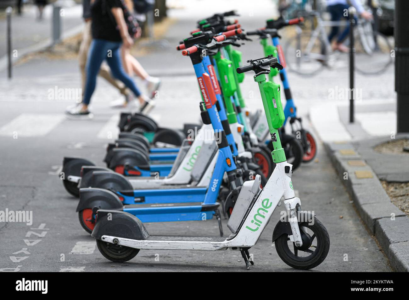 Illustration picture shows self-service electric scooters, development ...