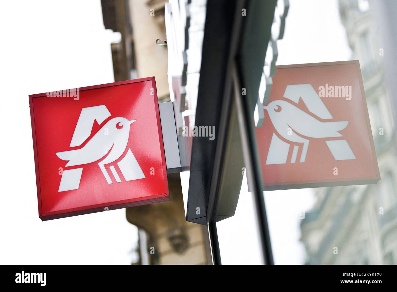 Illustration picture shows the sign of a Auchan store with the logo of ...