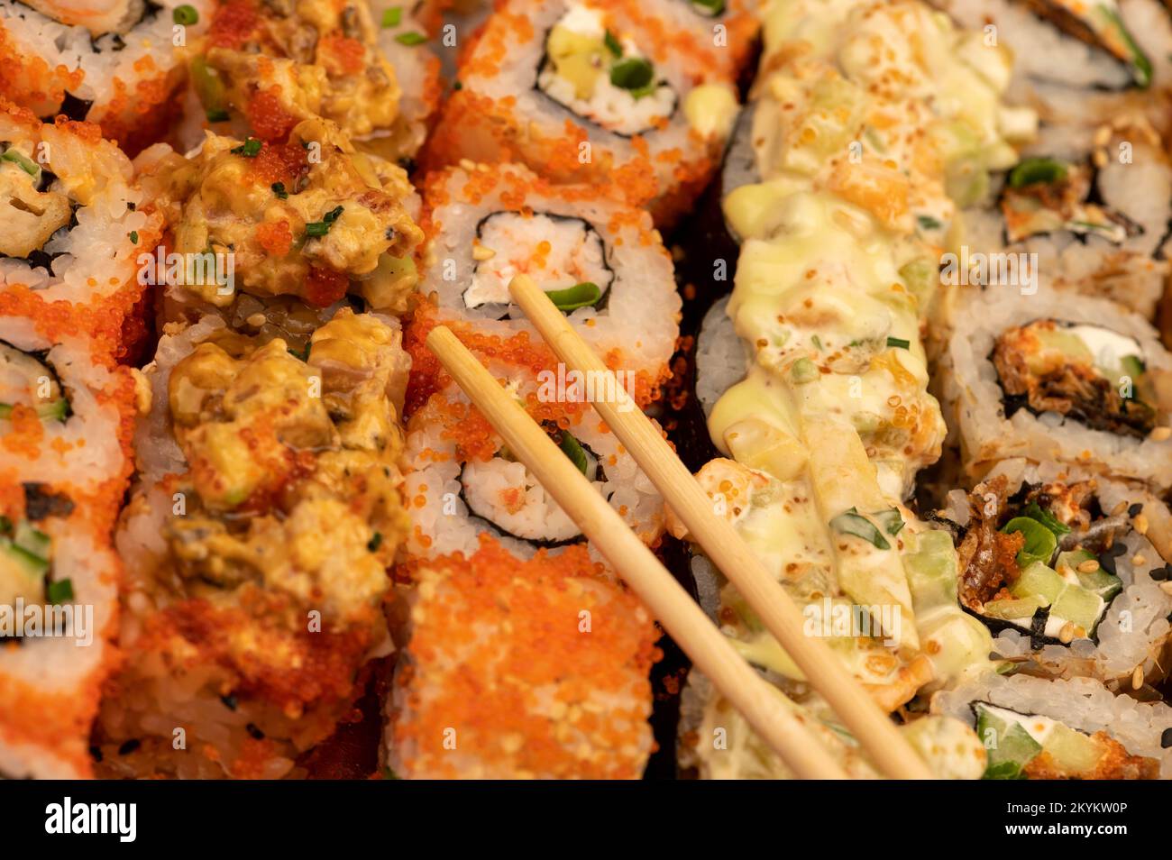 A set of different types of rolls in a box. Top view of various ...
