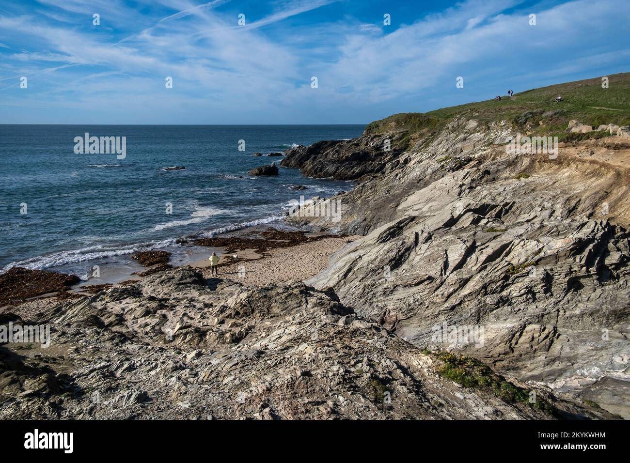 The rugged coastal landscape around the secluded cove at Little Fistral ...