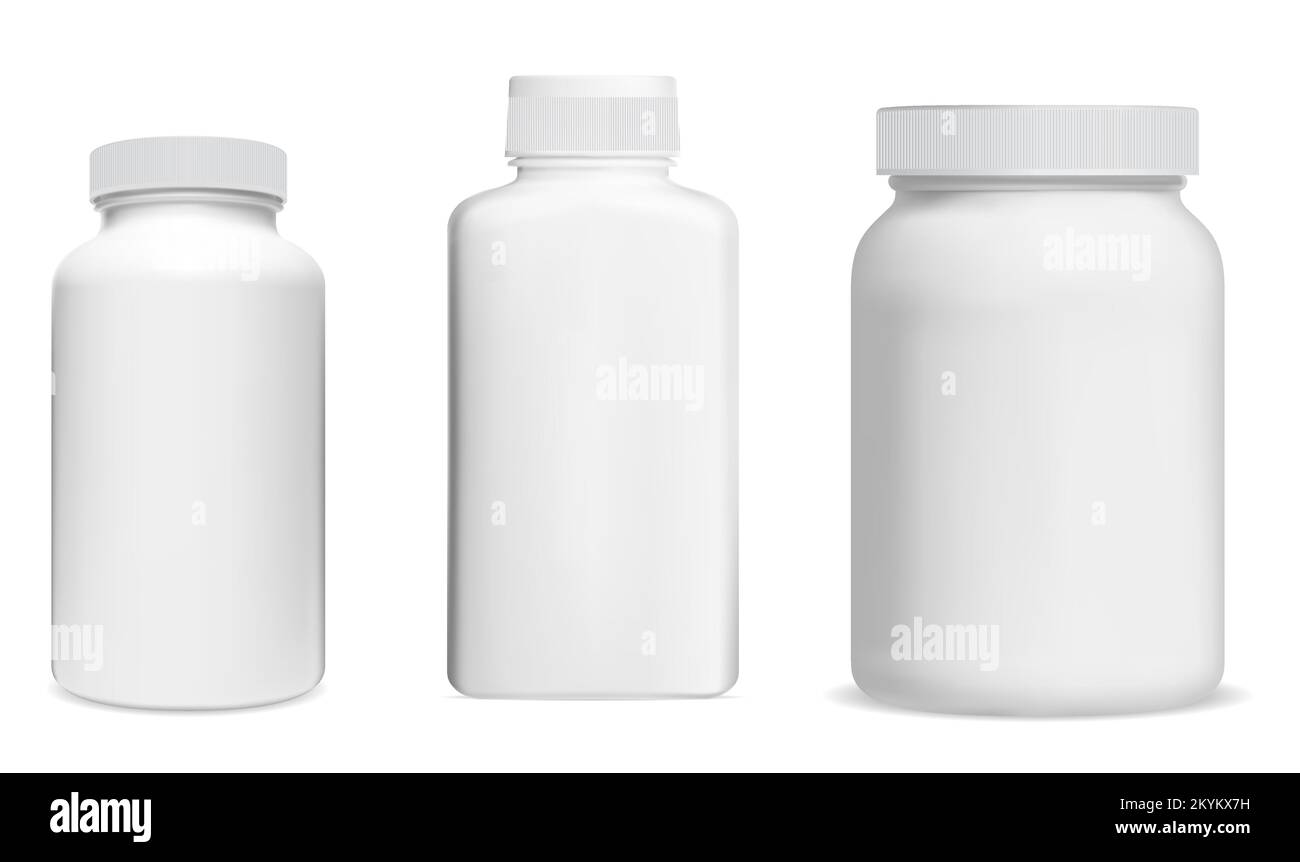 White plastic pill bottle design, vector mockup of supplement package ...