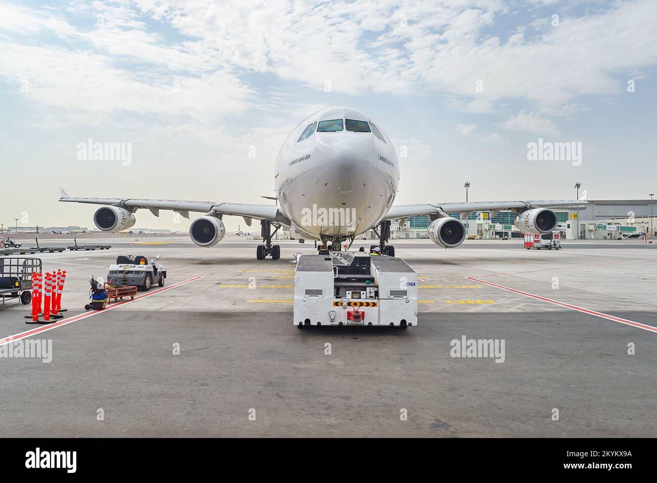DUBAI, UAE - JUNE 23, 2015: Emirates Airbus A340-300 in Dubai airport ...