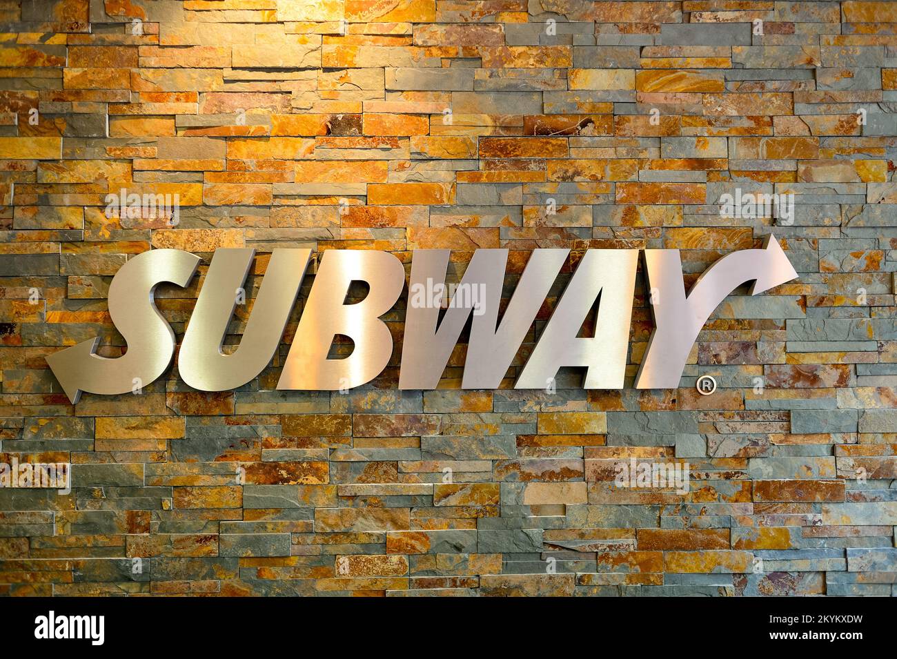 NICE, FRANCE - AUGUST 15, 2015: close-up of Subway sign. Subway is an ...