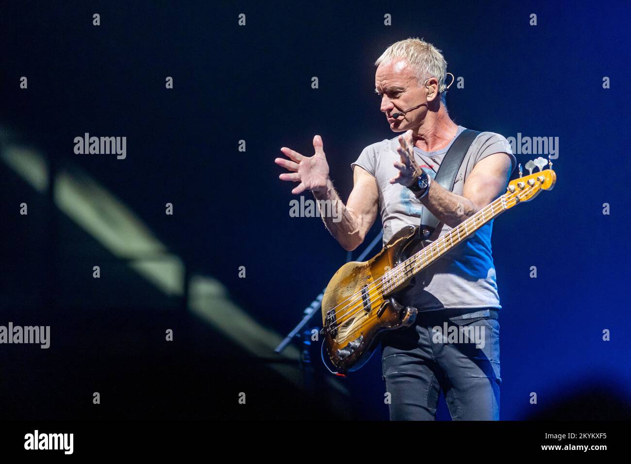 Sting, real name Gordon Sumner, live performance on stage. Bass player ...