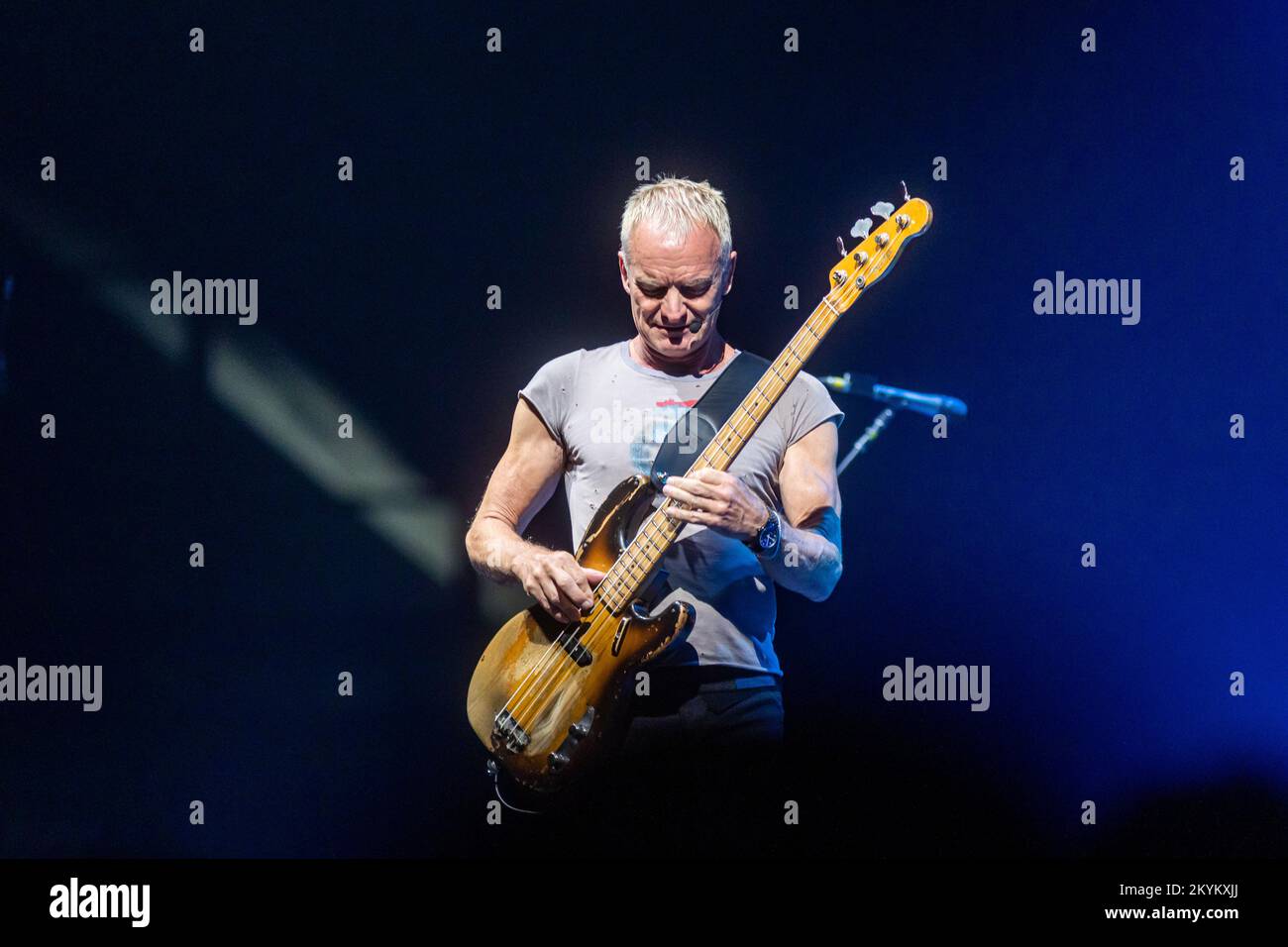 Sting, real name Gordon Sumner, live performance on stage. Bass player ...