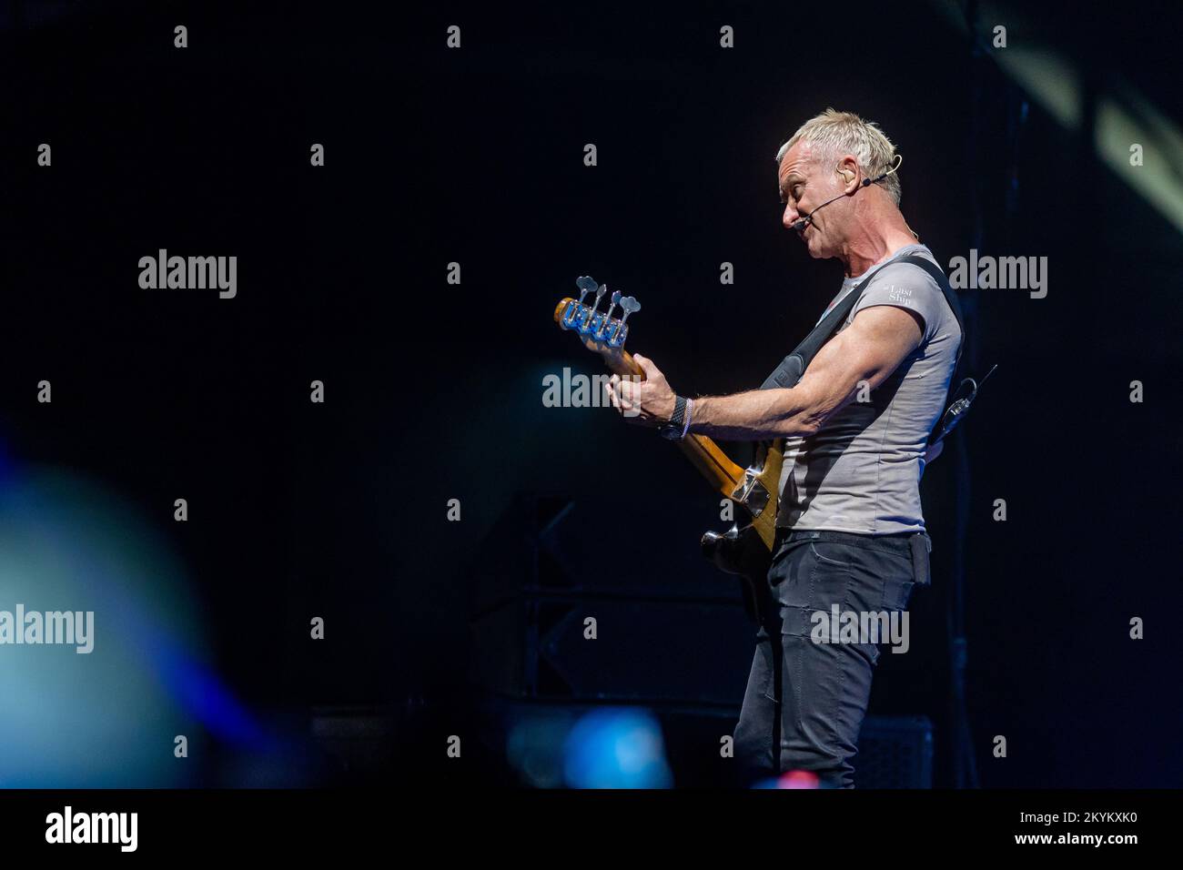Sting, real name Gordon Sumner, live performance on stage. Bass player ...