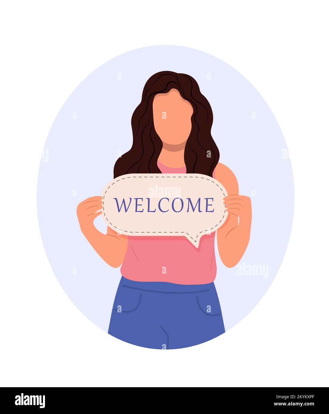 You are welcome. Cheerful woman holding welcome sign and smiling while ...