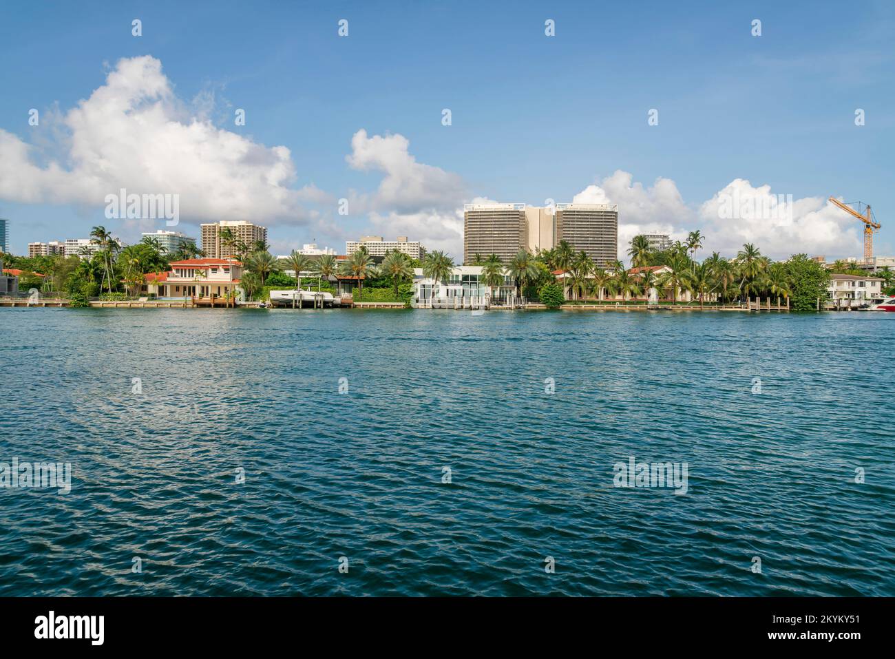 Miami bay skyline above the buildings with trees outdoors at Florida ...