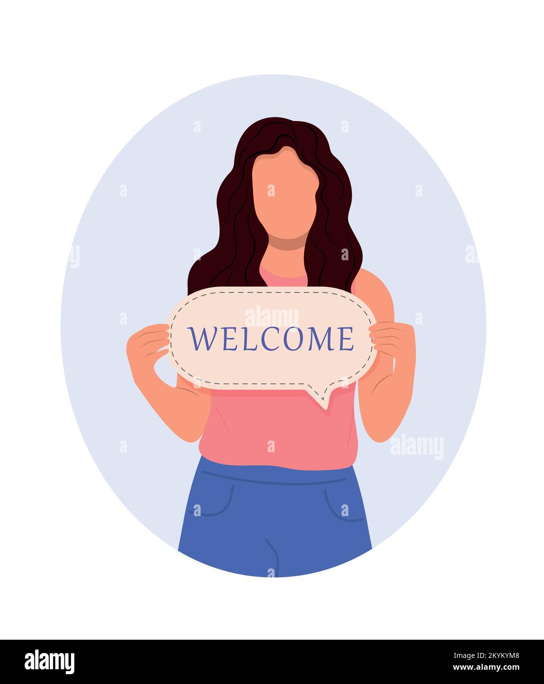 Cheerful woman holding welcome sign and smiling while standing. You are ...