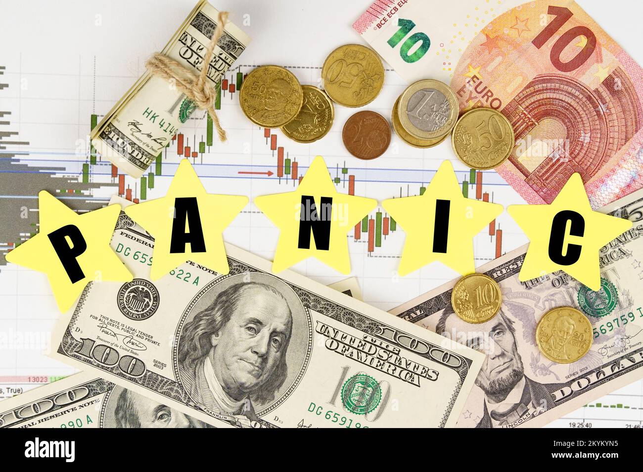 Finance and economics concept. Among the charts and money are asterisks ...