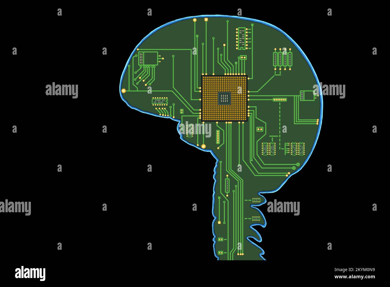 Concept 3d illustration of electronic chip in form of human brain in ...
