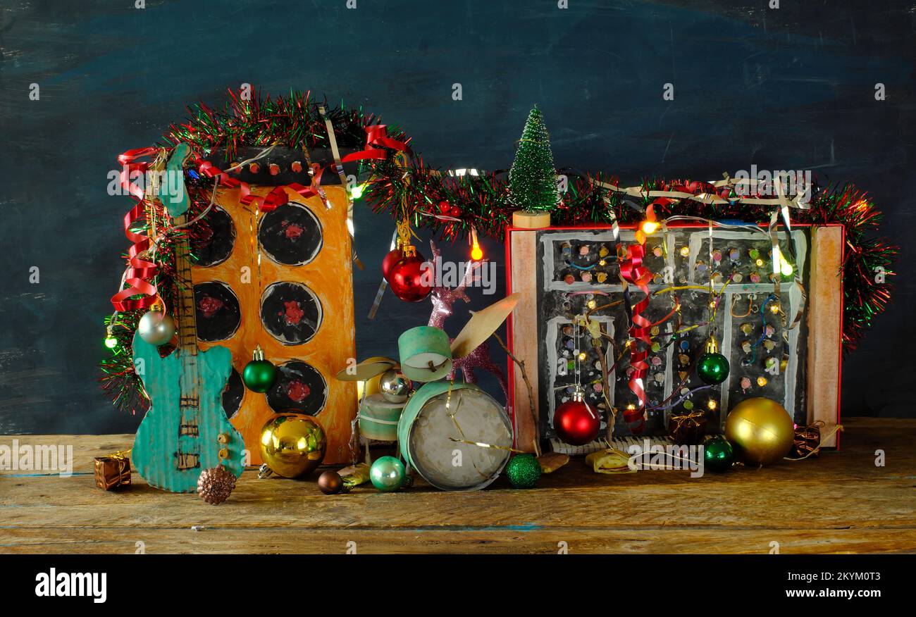 Musical instruments for christmas with grungy cardboard models of ...