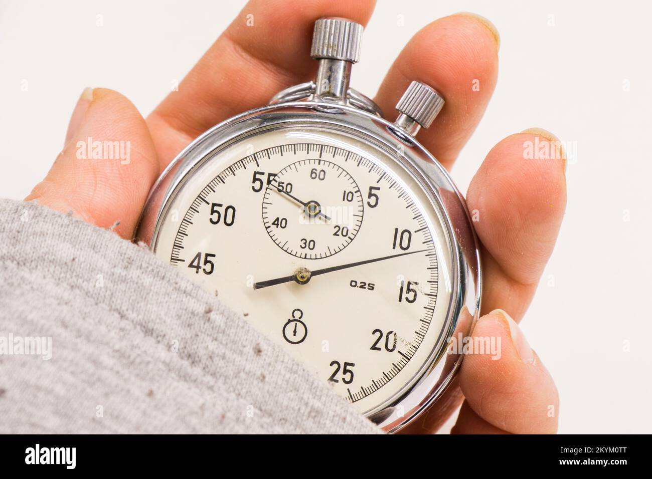 Old antiquary timer clock and humans hand, white background Stock Photo ...