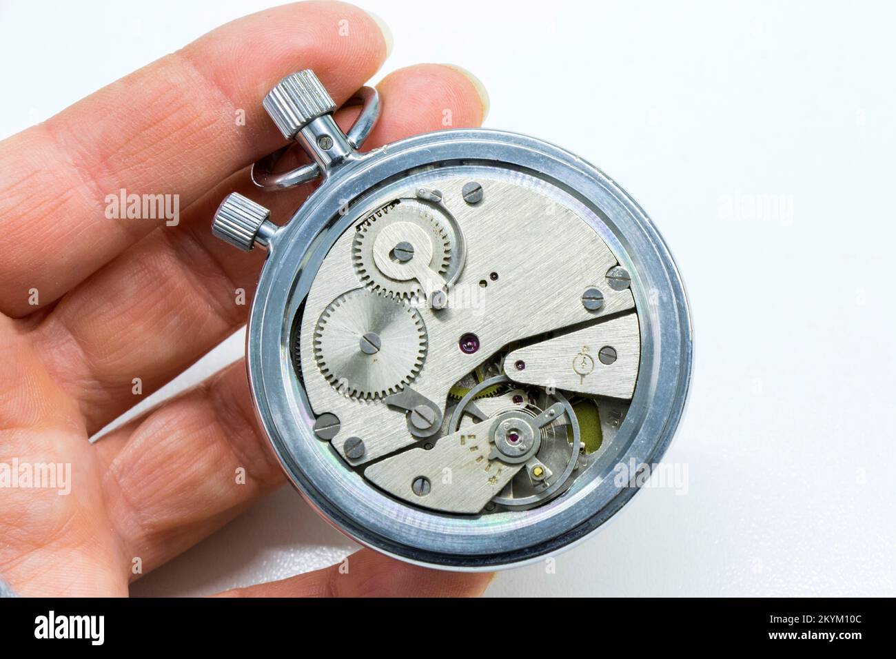 Old antiquary timer clock and humans hand, white background Stock Photo ...