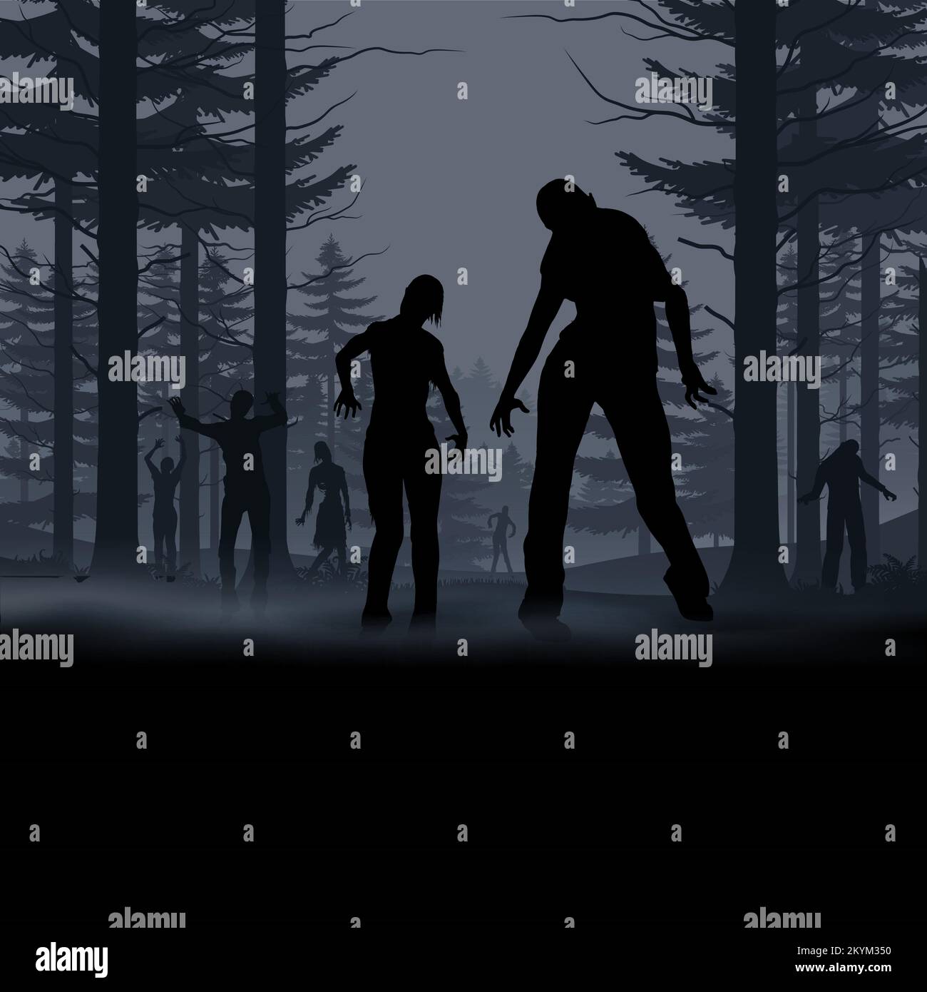 Zombie Walking out From Night Forest. Silhouettes Illustration for ...