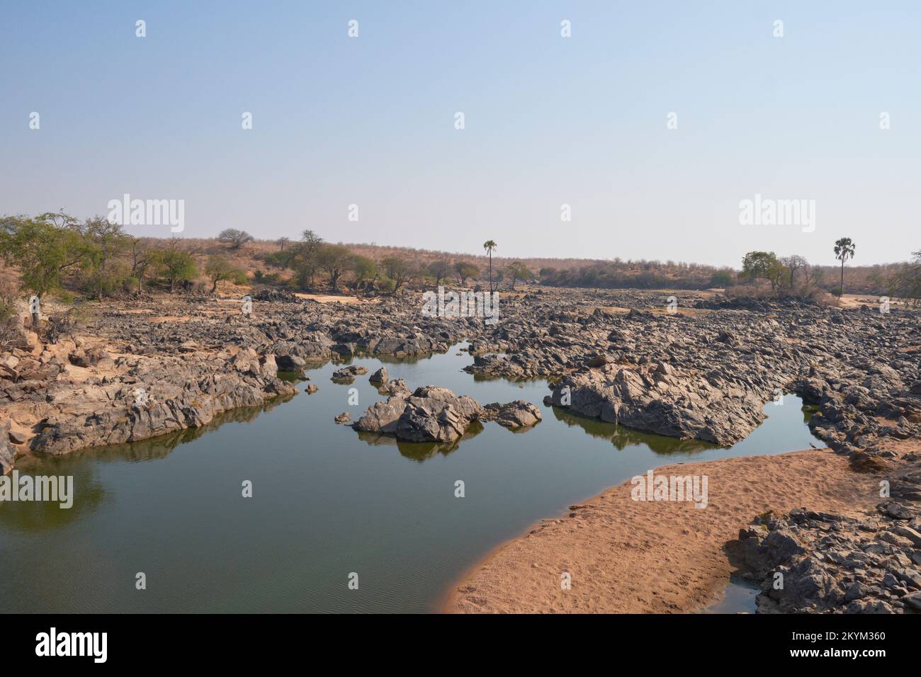A Dry Ruaha river tributary riverbed runs empty in Ruaha national park ...