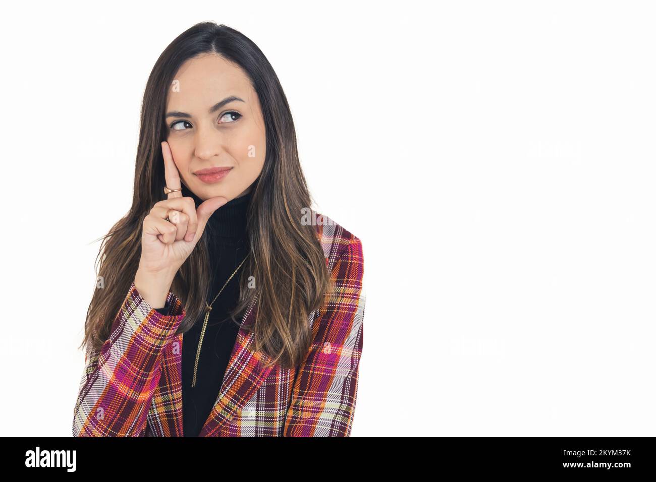 Young brunette woman thinking, imagining something. High quality photo ...