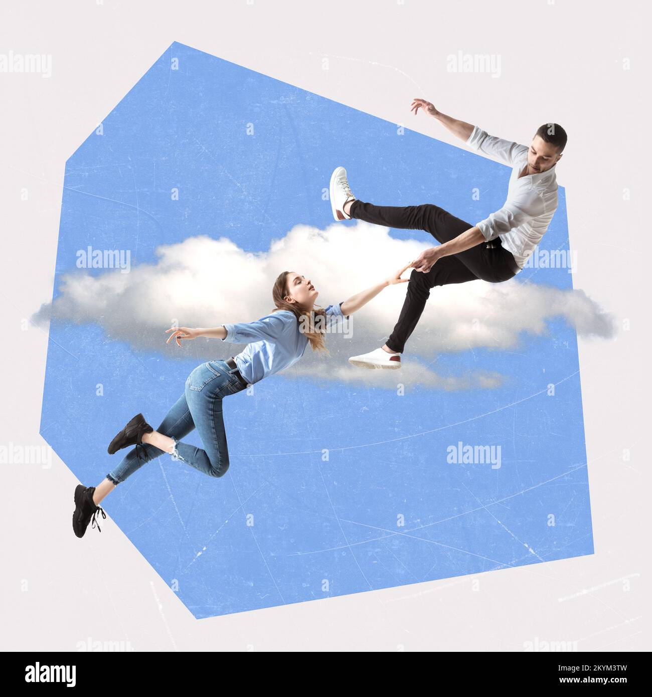Contemporary art collage. Creative design. Man and woman flying to the ...