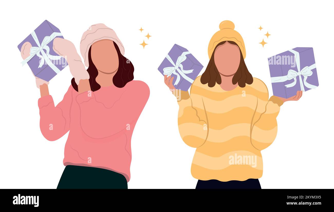 Gift giving concept. Happy smiling women holding gift boxes. Vector ...