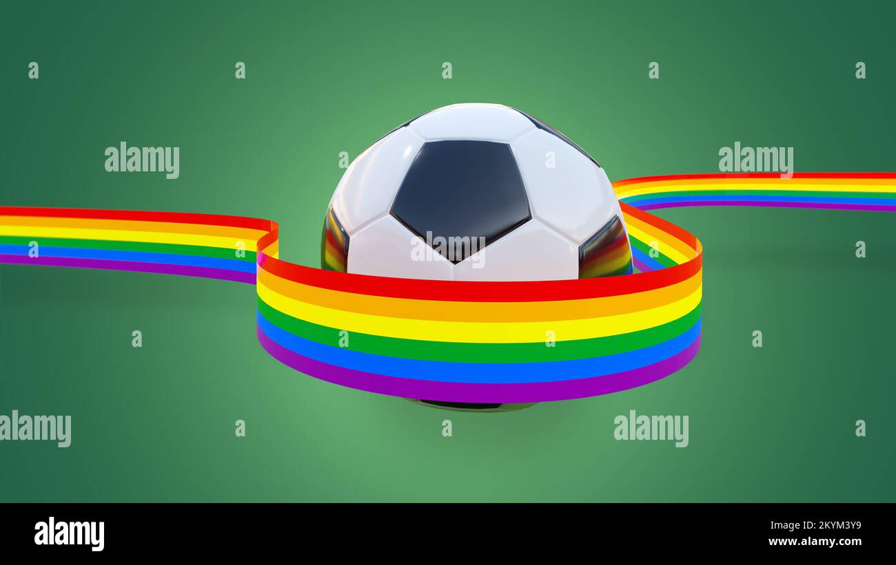 Rainbow flag ribbon around a soccer ball or football. 3D render Stock ...
