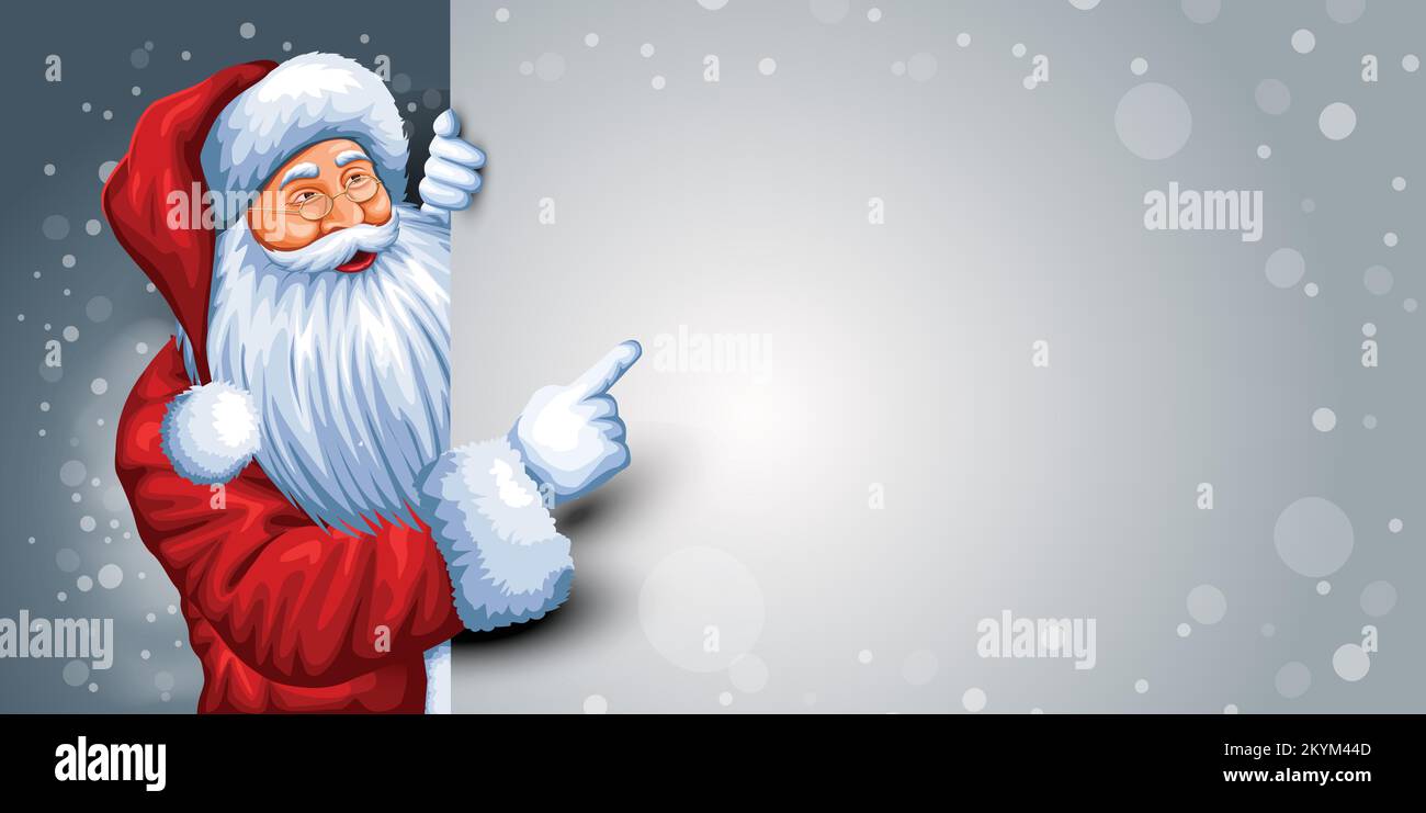 Santa Claus pointing on blank paper banner background with copy space ...