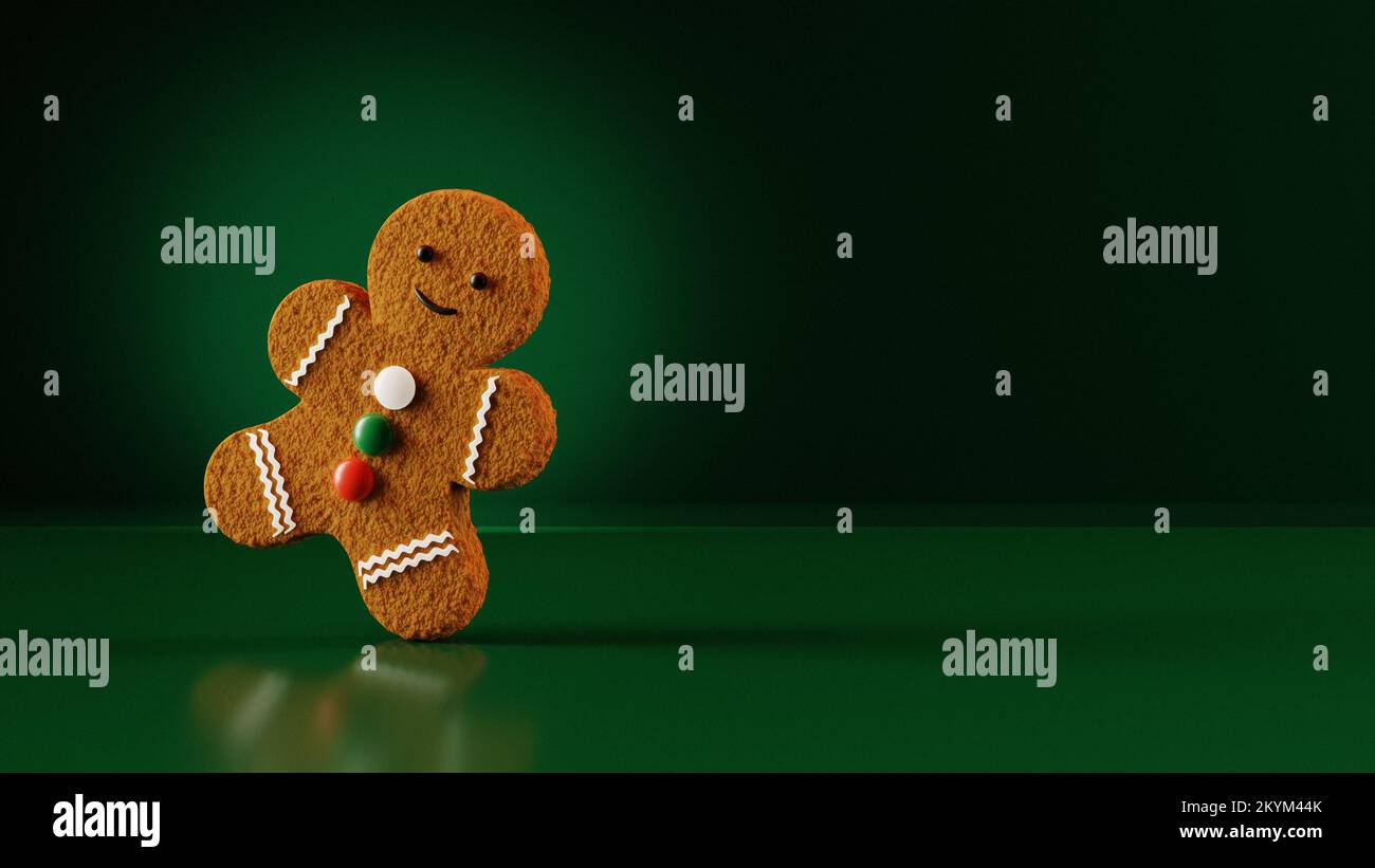 Christmas gingerbread man standing on dark green background. 3D render ...