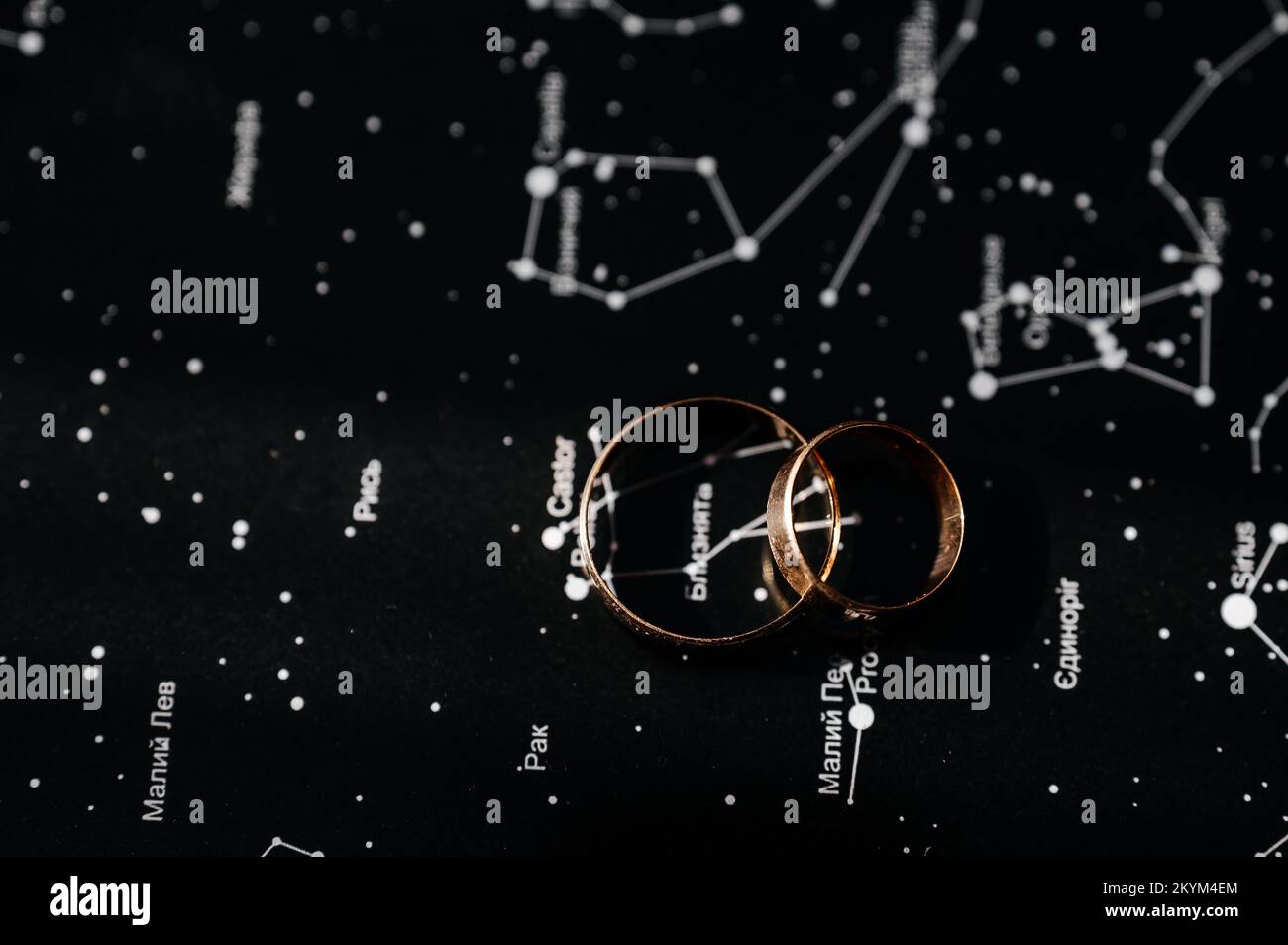 Newlyweds gold rings, wedding accessories, rings close-up on star map ...