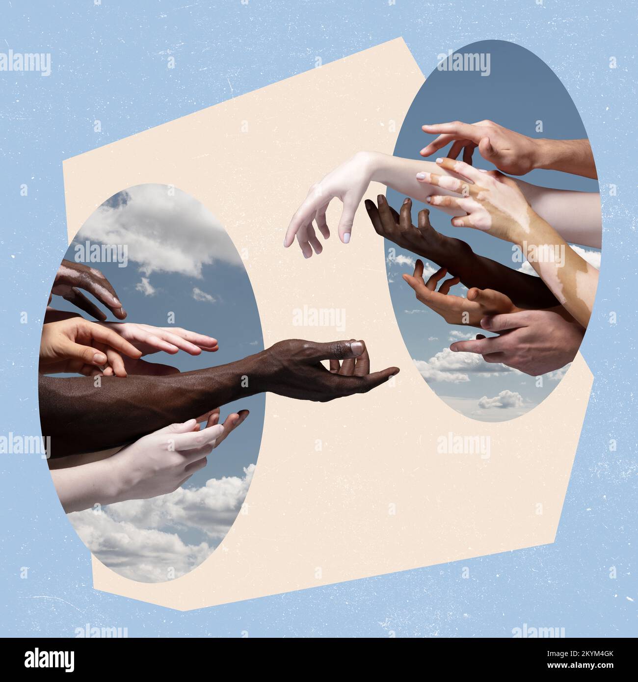 Contemporary art collage. Creative design. Human hands of different ...