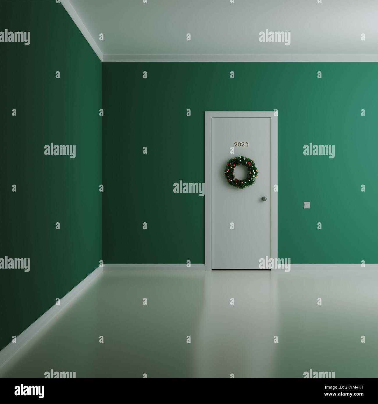 3d render, 3d illustration. Empty room with door ajar with number 2020 ...