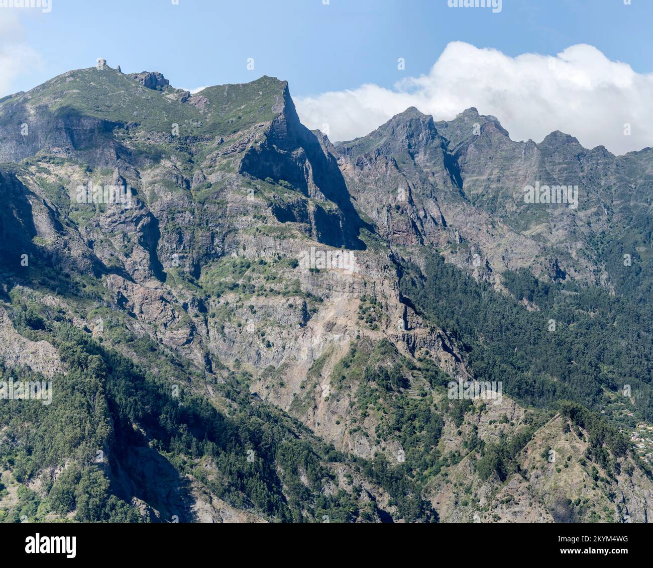 aerial landscape with steep volcanic slopes of green Curral des Freiras ...