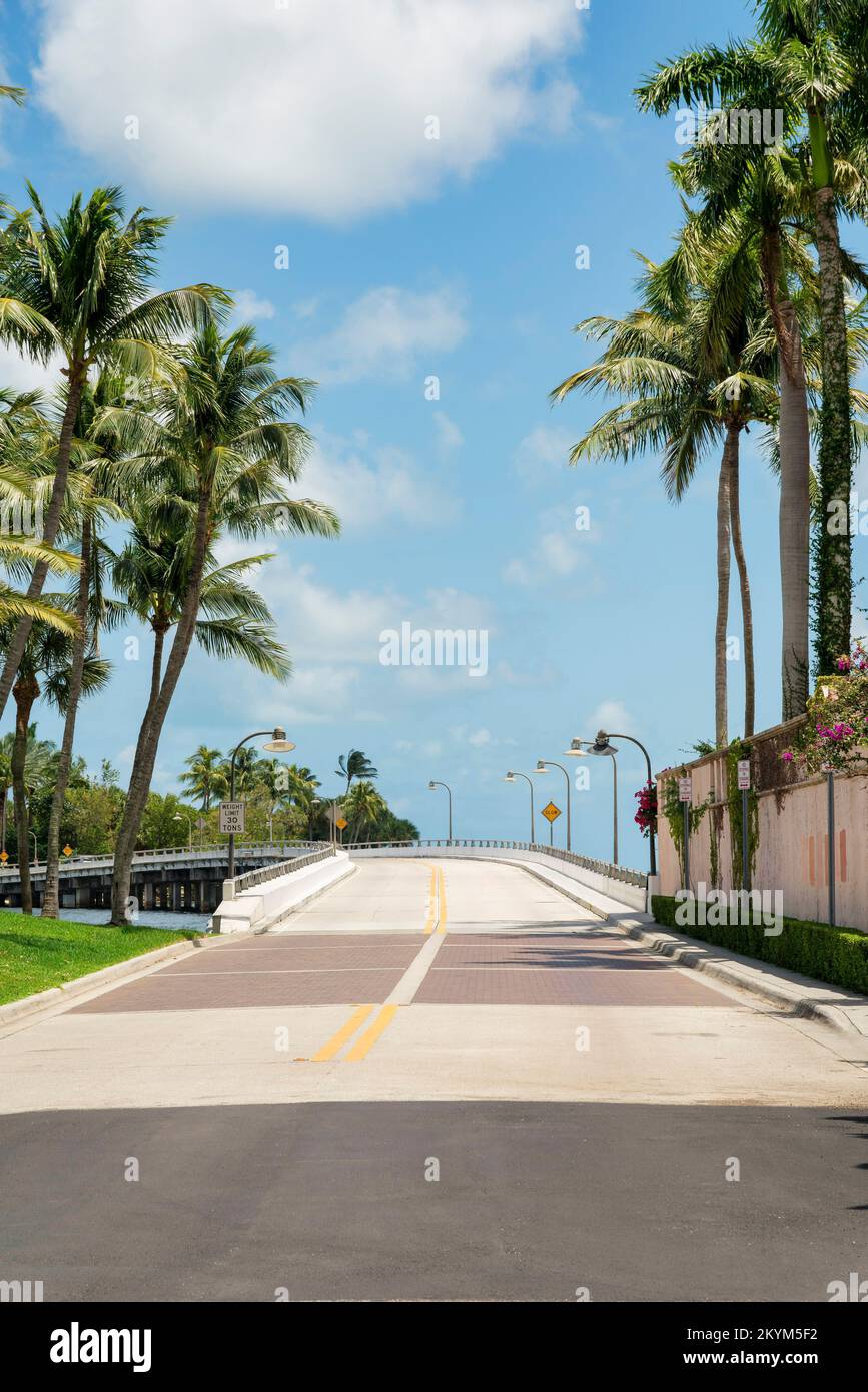 Road entrance of a small bridge to a housing community at Miami ...