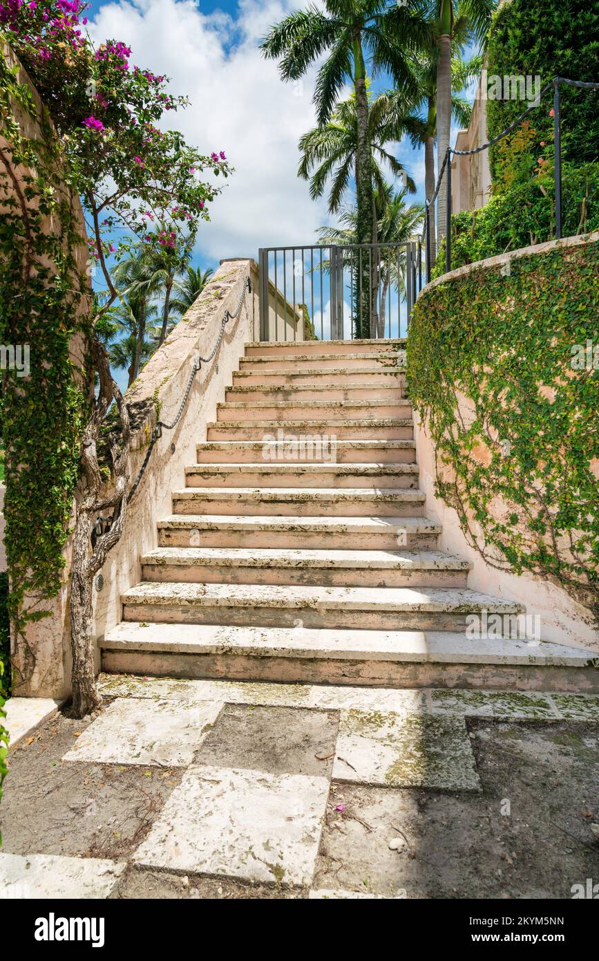 Concrete tiles pavement at the bottom of an old stairs outside a wall ...