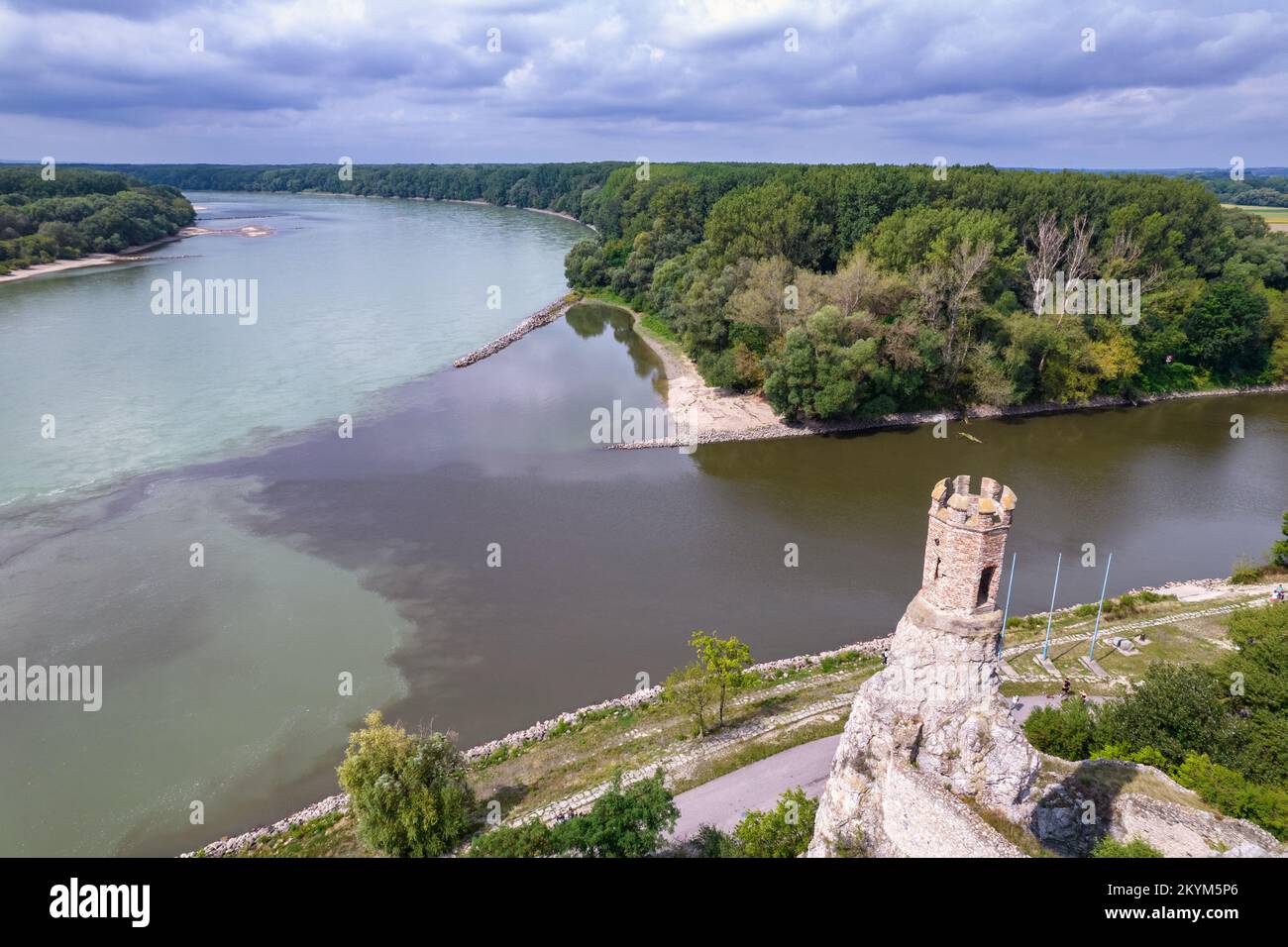 Aerial view on Devin castle in Bratislava, Slovakia. The confluence of ...