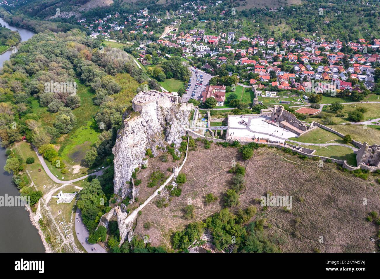 Aerial view on Devin castle in Bratislava, Slovakia. The confluence of ...
