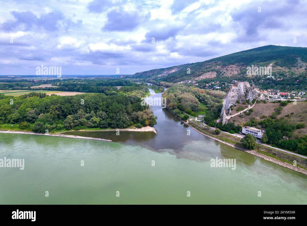 Aerial view on Devin castle in Bratislava, Slovakia. The confluence of ...