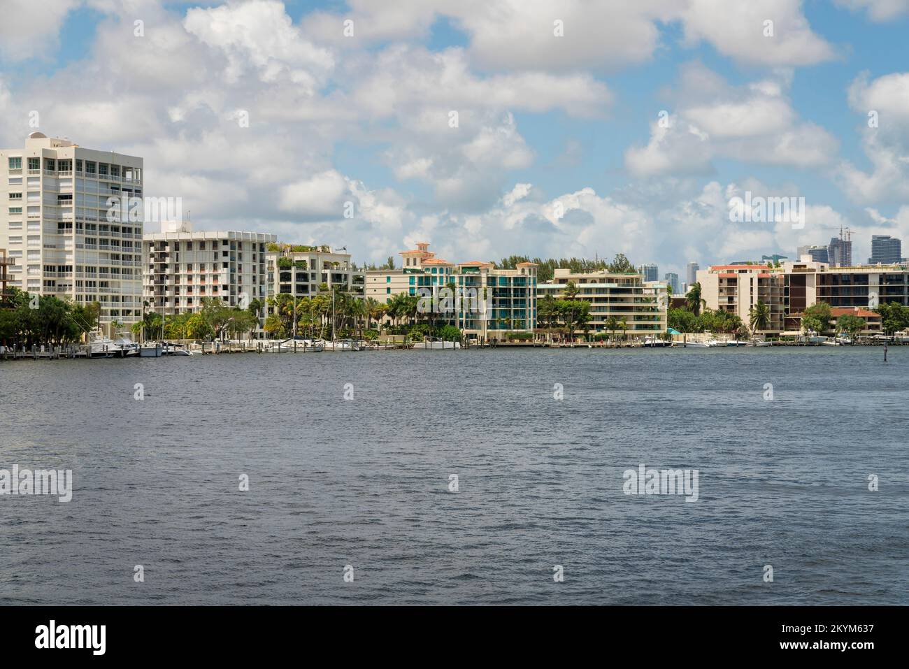 Modern residential buildings with oceanfront view at the bay in Miami ...