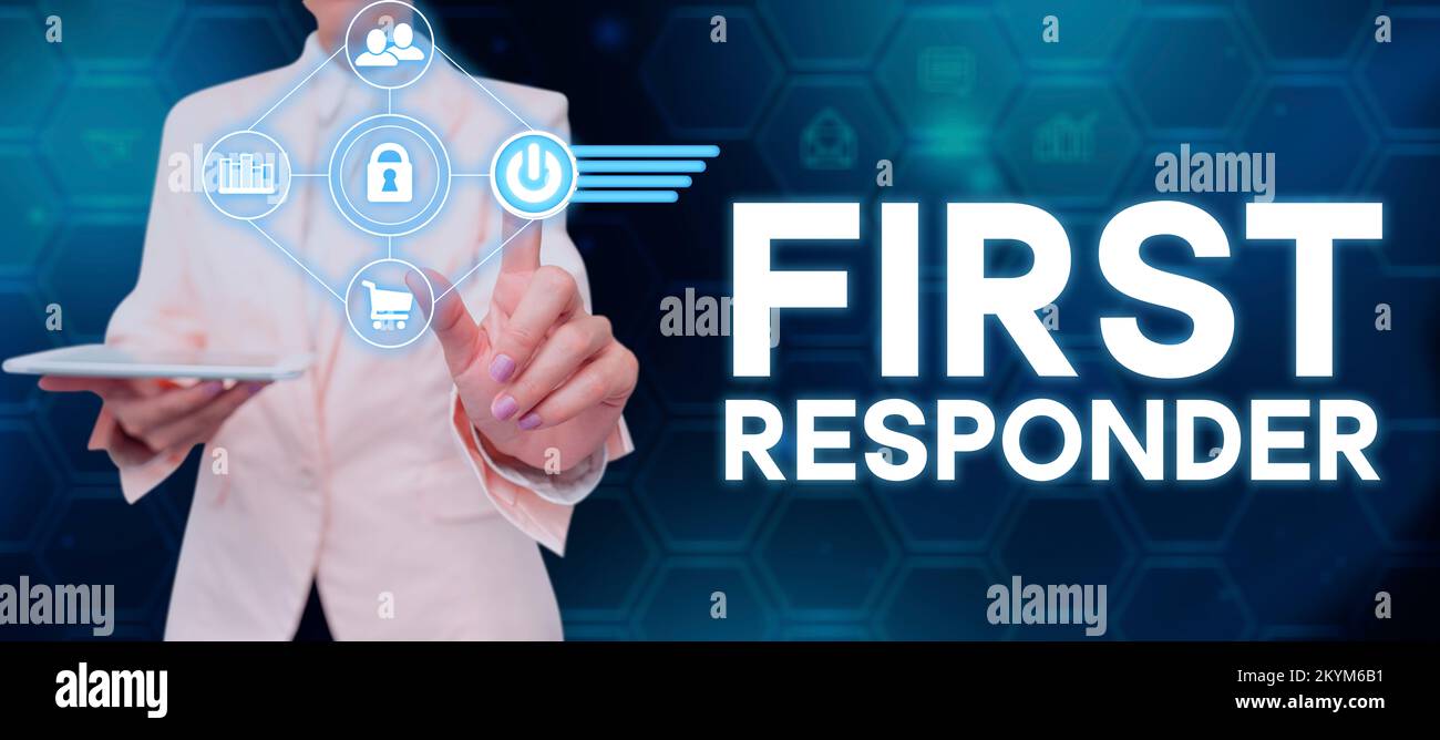 Hand writing sign First Responder. Conceptual photo a person who is ...