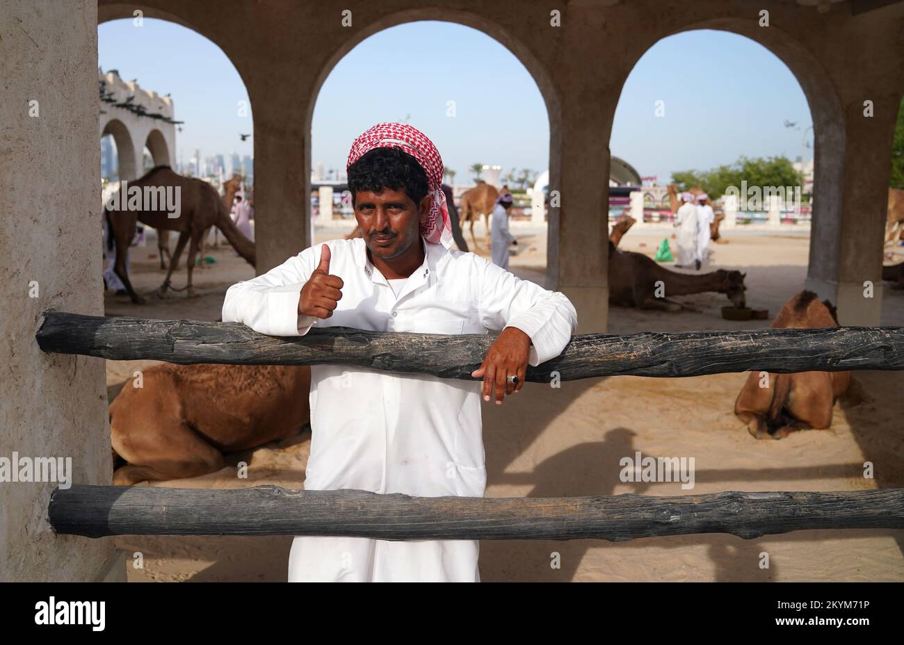 A Camel handler gives the thumbs up, in the Souq area of Doha. Picture ...